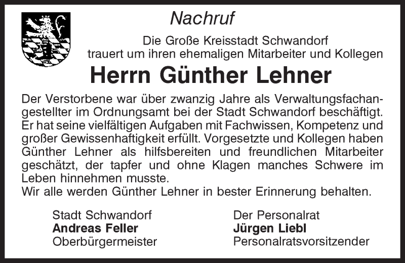 Traueranzeigen von Günther Lehner | Mittelbayerische Trauer