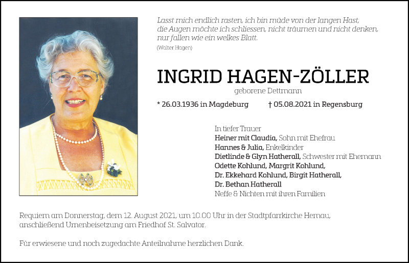 Traueranzeigen von Ingrid Hagen-Zöller | Mittelbayerische Trauer