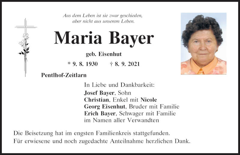 Traueranzeigen von Maria Bayer | Mittelbayerische Trauer