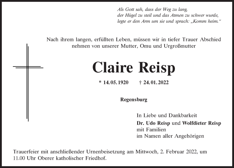 Traueranzeigen von Claire Reisp | Mittelbayerische Trauer