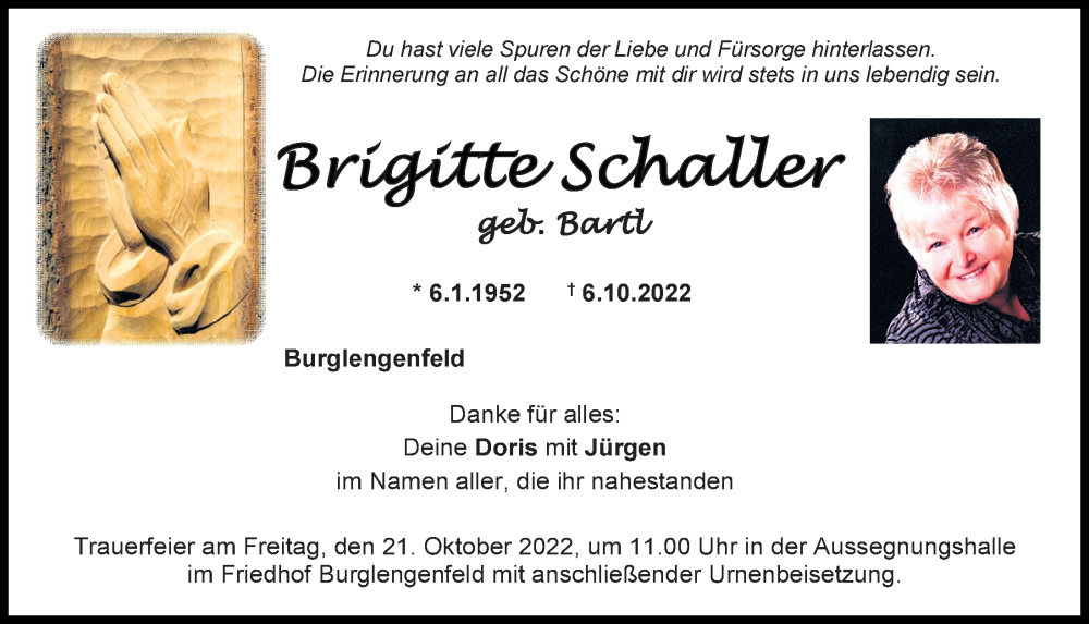 Traueranzeigen von Brigitte Schaller | Mittelbayerische Trauer
