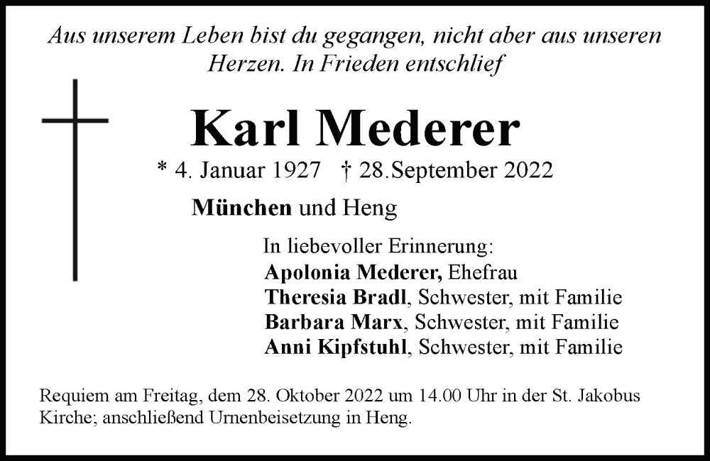 Traueranzeigen von Karl Mederer | Mittelbayerische Trauer