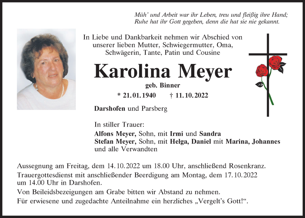 Traueranzeigen von Karolina Meyer | Mittelbayerische Trauer