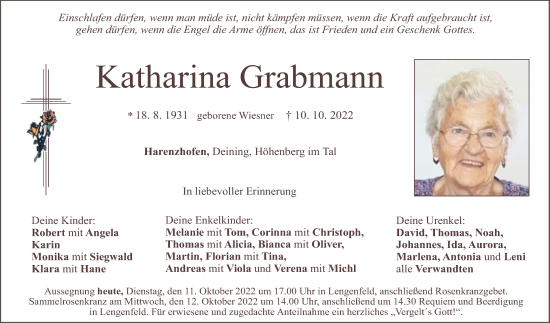 Traueranzeigen von Katharina Grabmann | Mittelbayerische Trauer