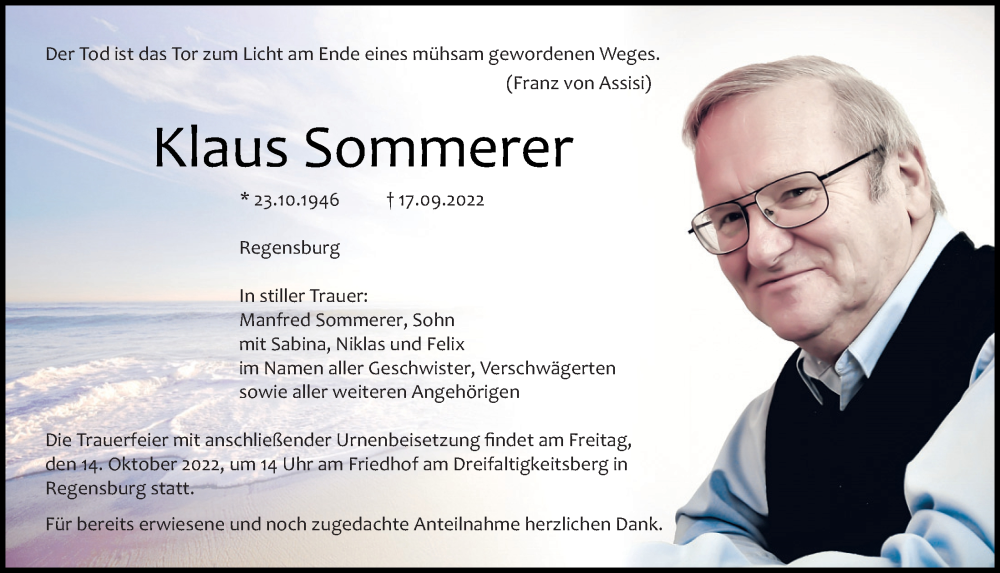 Traueranzeigen von Klaus Sommerer | Mittelbayerische Trauer