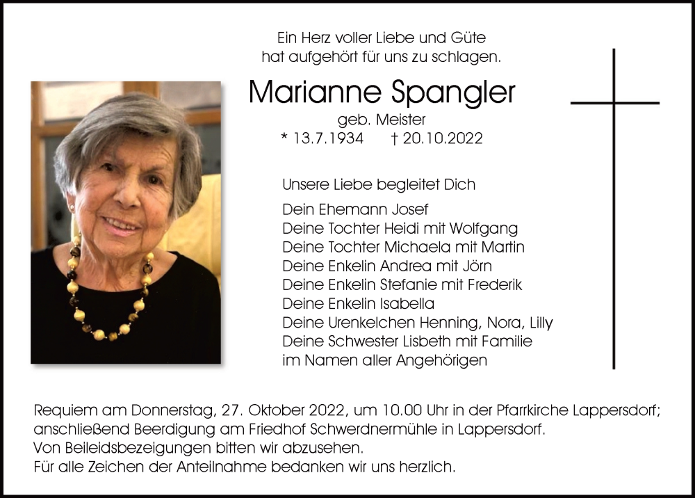 Traueranzeigen von Marianne Spangler | Mittelbayerische Trauer