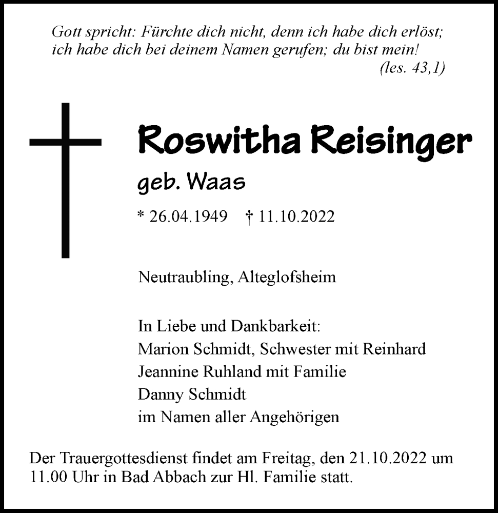 Traueranzeigen von Roswitha Reisinger | Mittelbayerische Trauer