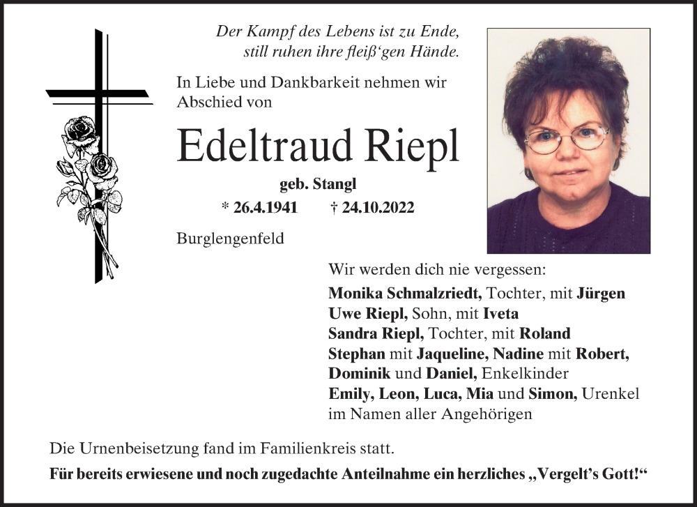 Traueranzeigen von Edeltraud Riepl | Mittelbayerische Trauer
