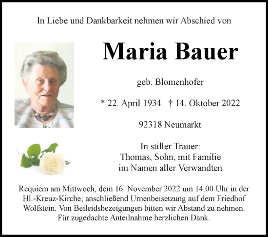 Traueranzeigen von Maria Bauer | Mittelbayerische Trauer