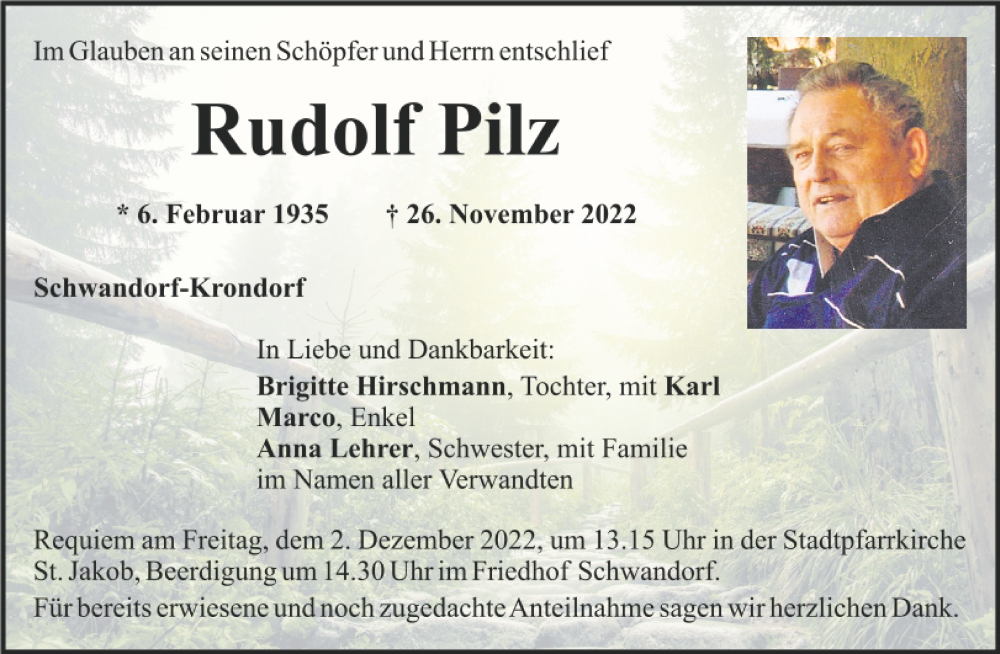 Traueranzeigen von Rudolf Pilz | Mittelbayerische Trauer