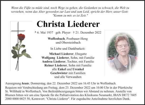 Traueranzeigen von Christa Liederer | Mittelbayerische Trauer