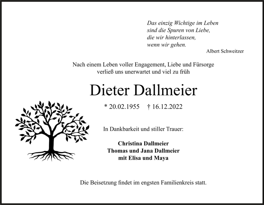 Traueranzeigen von Dieter Dallmeier | Mittelbayerische Trauer