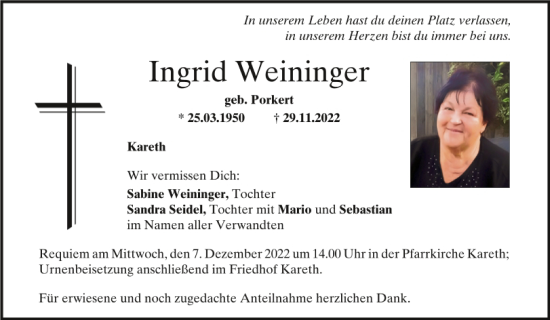 Traueranzeigen von Ingrid Weininger | Mittelbayerische Trauer
