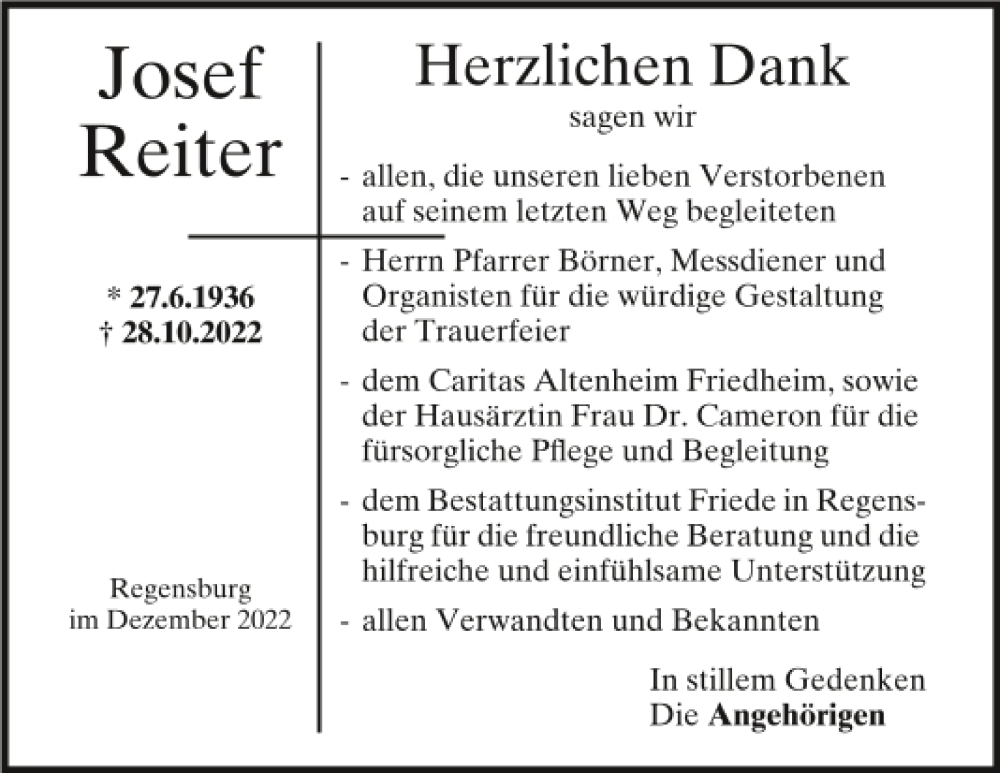 Traueranzeigen von Josef Reiter | Mittelbayerische Trauer