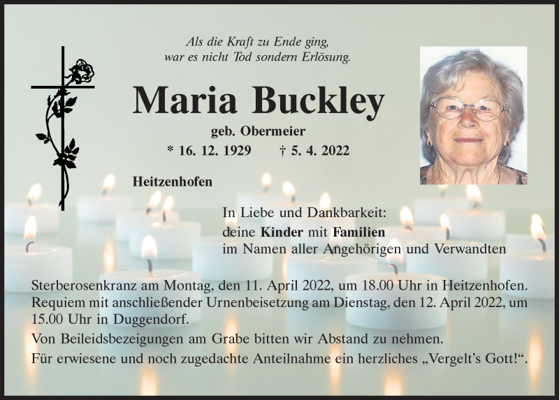 Traueranzeigen von Maria Buckley | Mittelbayerische Trauer