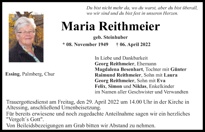 Traueranzeigen von Maria Reithmeier | Mittelbayerische Trauer