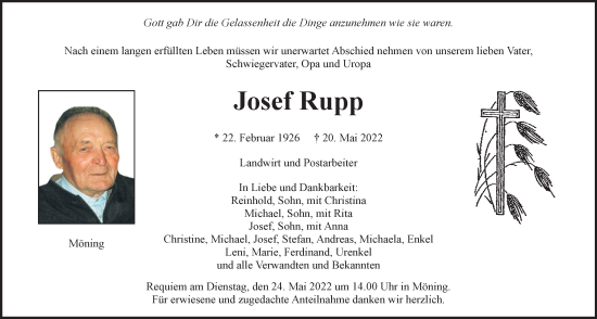 Traueranzeigen von Josef Rupp | Mittelbayerische Trauer