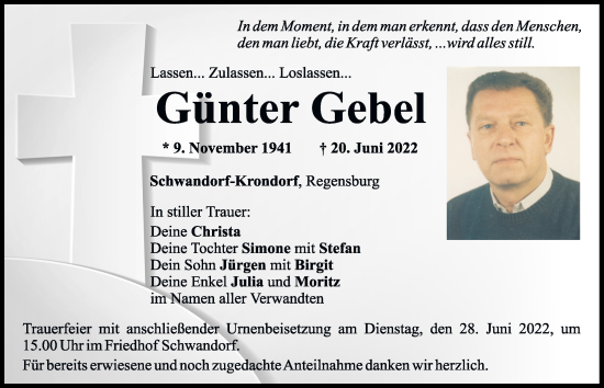 Traueranzeigen von Günter Gebel | Mittelbayerische Trauer