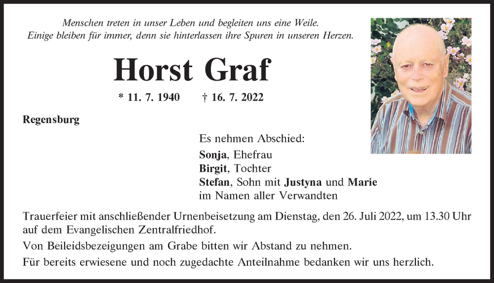 Traueranzeigen von Horst Graf | Mittelbayerische Trauer