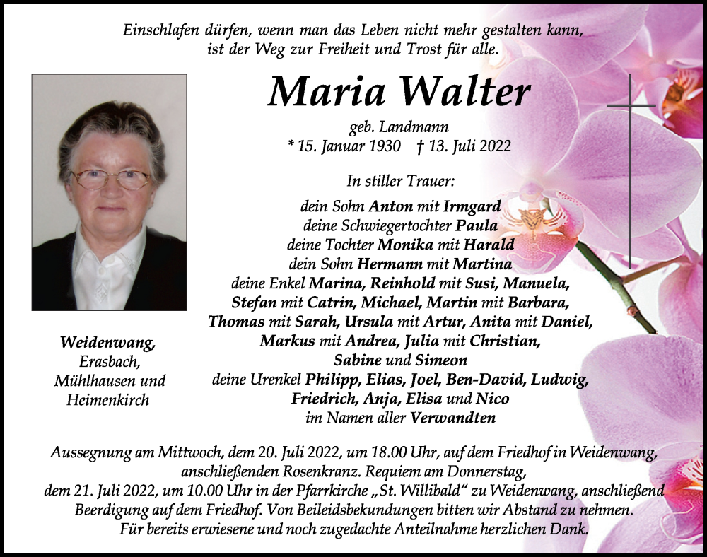 Traueranzeigen von Maria Walter | Mittelbayerische Trauer