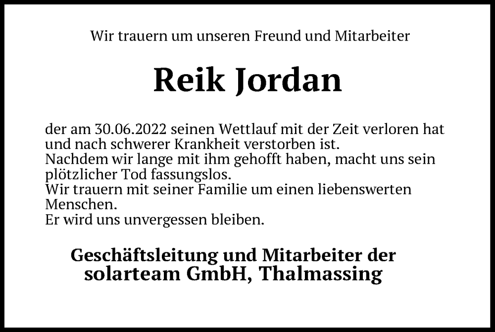Traueranzeigen von Reik Jordan | Mittelbayerische Trauer