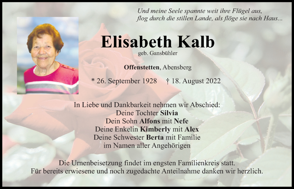 Traueranzeigen von Elisabeth Kalb | Mittelbayerische Trauer