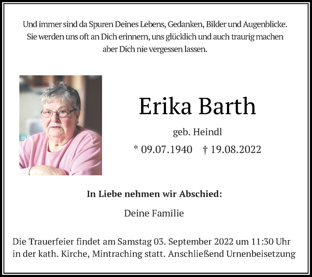 Traueranzeigen von Erika Barth | Mittelbayerische Trauer