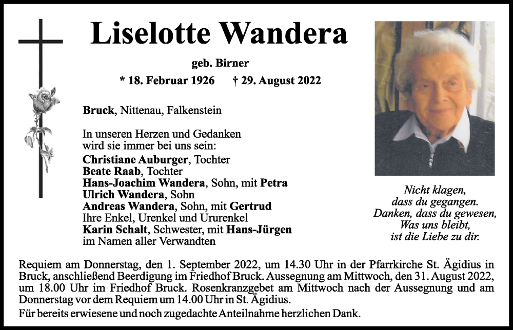 Traueranzeigen von Liselotte Wandera | Mittelbayerische Trauer