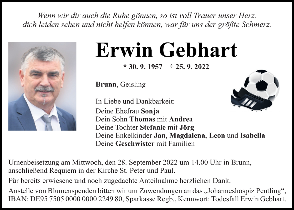 Traueranzeigen von Erwin Gebhart | Mittelbayerische Trauer