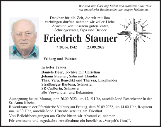 Traueranzeigen von Friedrich Stauner | Mittelbayerische Trauer