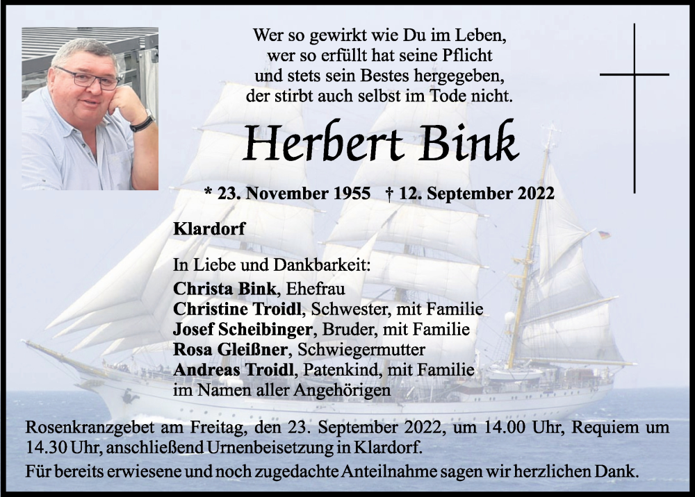 Traueranzeigen von Herbert Bink | Mittelbayerische Trauer
