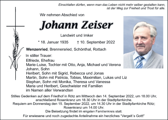 Traueranzeigen von Johann Zeiser | Mittelbayerische Trauer