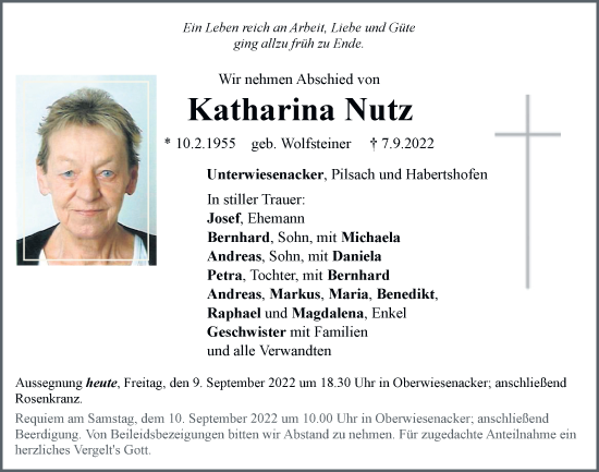 Traueranzeigen von Katharina Nutz | Mittelbayerische Trauer