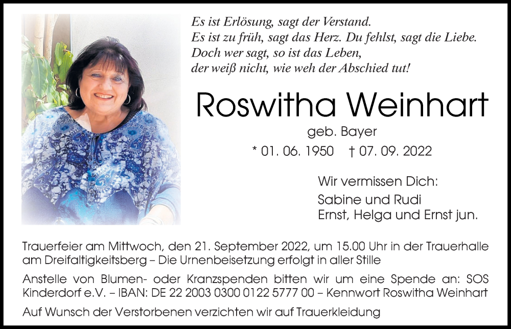 Traueranzeigen von Roswitha Weinhart | Mittelbayerische Trauer