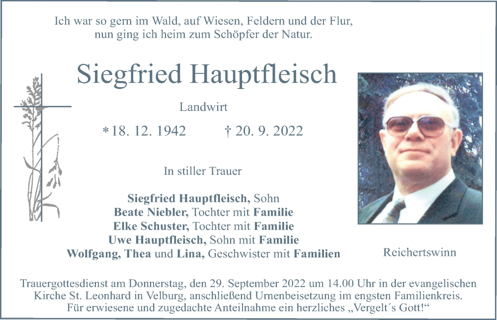 Traueranzeigen von Siegfried Hauptfleisch | Mittelbayerische Trauer
