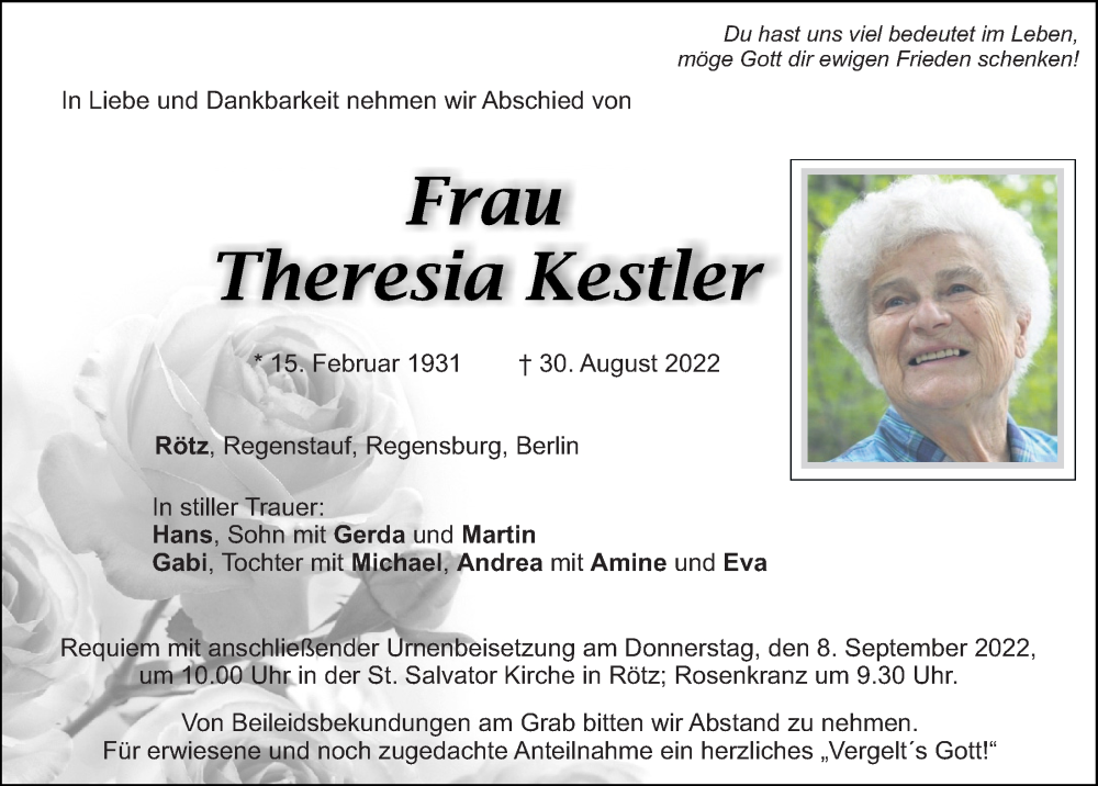 Traueranzeigen von Theresia Kestler | Mittelbayerische Trauer