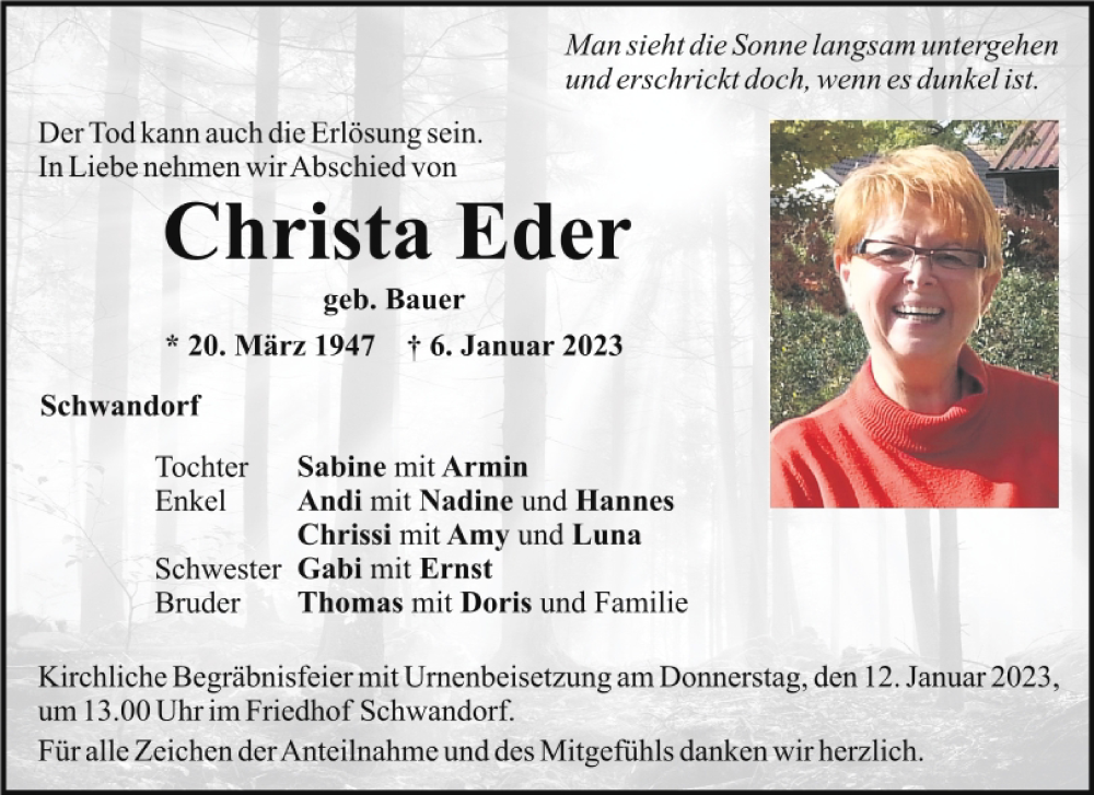 Traueranzeigen von Christa Eder | Mittelbayerische Trauer