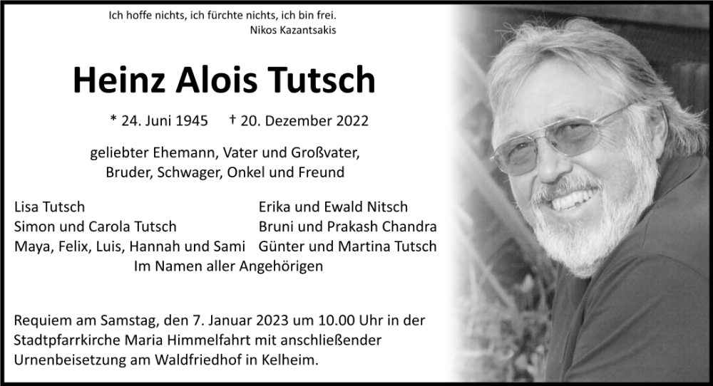Traueranzeigen von Heinz Alois Tutsch | Mittelbayerische Trauer