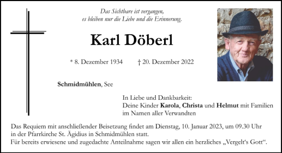 Traueranzeigen von Karl Döberl | Mittelbayerische Trauer