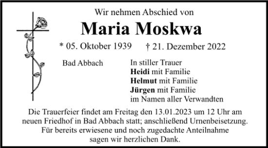 Traueranzeigen von Maria Moskwa | Mittelbayerische Trauer