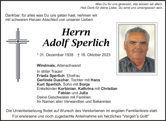 Traueranzeigen von Adolf Sperlich | Mittelbayerische Trauer