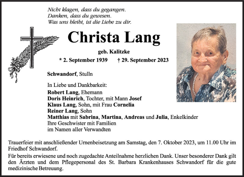 Traueranzeigen von Christa Lang | Mittelbayerische Trauer