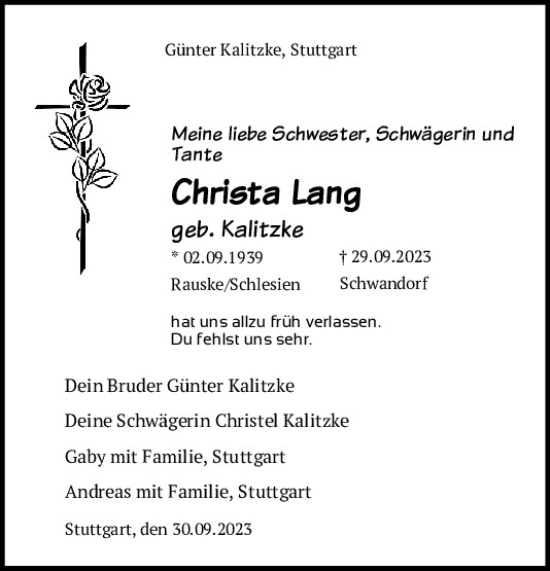 Traueranzeigen von Christa Lang | Mittelbayerische Trauer
