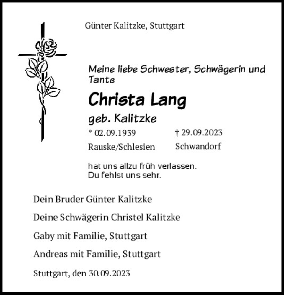 Traueranzeigen von Christa Lang | Mittelbayerische Trauer