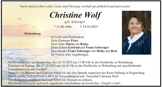 Traueranzeigen von Christine Wolf | Mittelbayerische Trauer