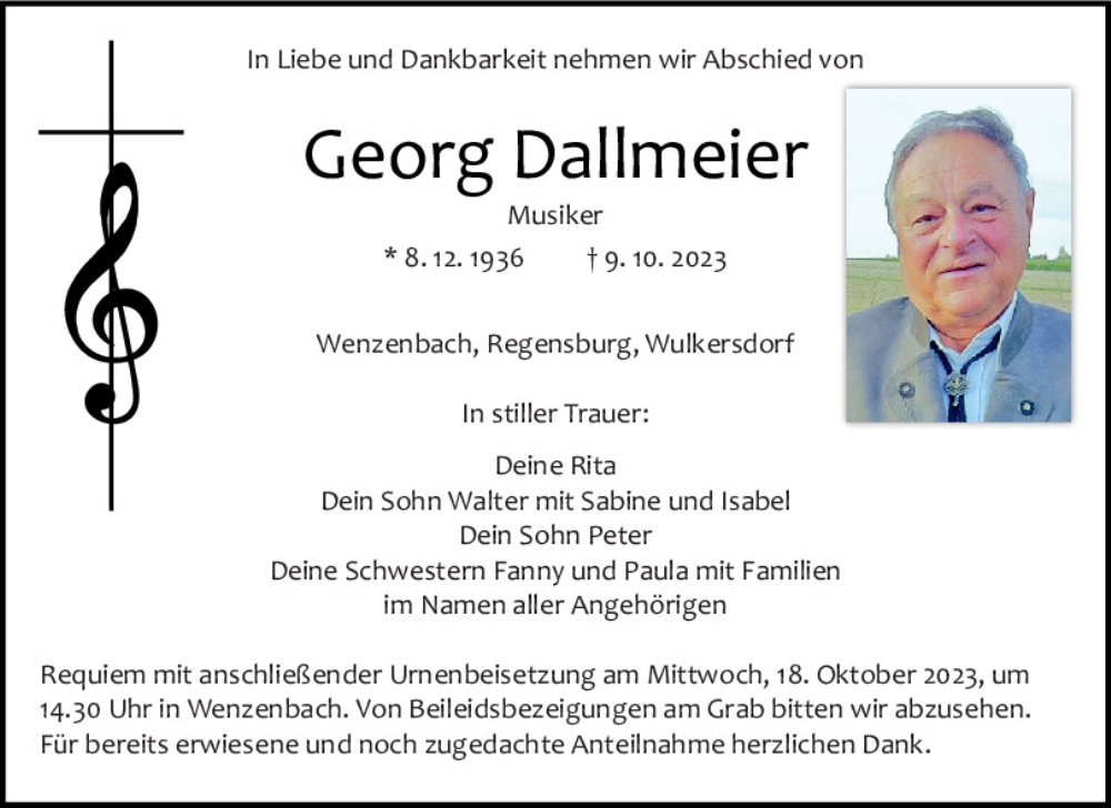 Traueranzeigen von Georg Dallmeier | Mittelbayerische Trauer