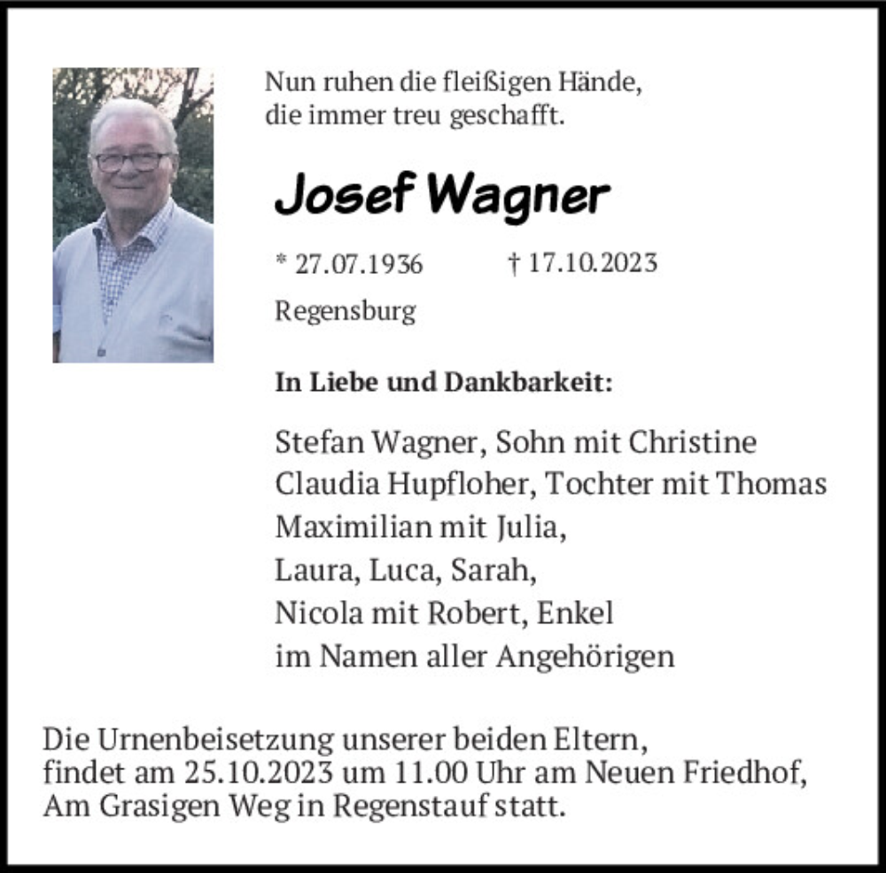 Traueranzeigen von Josef Wagner | Mittelbayerische Trauer