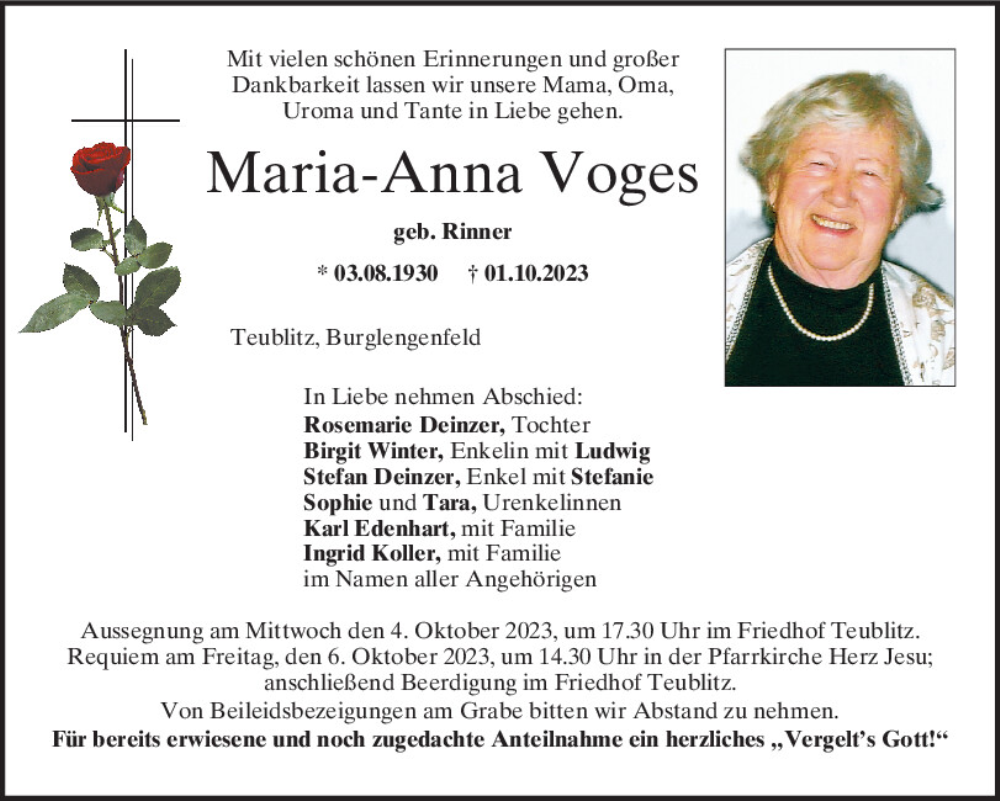 Traueranzeigen von Maria-Anna Voges | Mittelbayerische Trauer