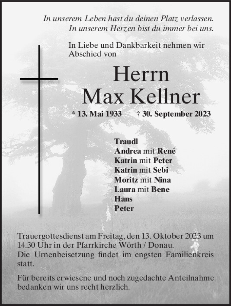 Traueranzeigen von Max Kellner | Mittelbayerische Trauer