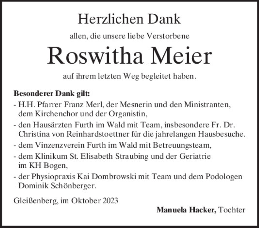 Traueranzeigen von Roswitha Meier | Mittelbayerische Trauer